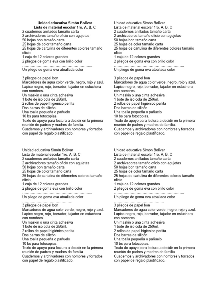 Lista de Material 1ro. A, B, C | PDF | Productos de madera | Papelería