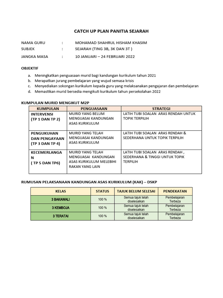 Catch Up Plan Sejarah t3 | PDF