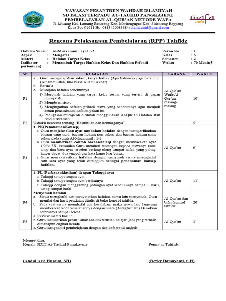 RPP Tahfidz Kelas 5 SM 2 Rezky | PDF