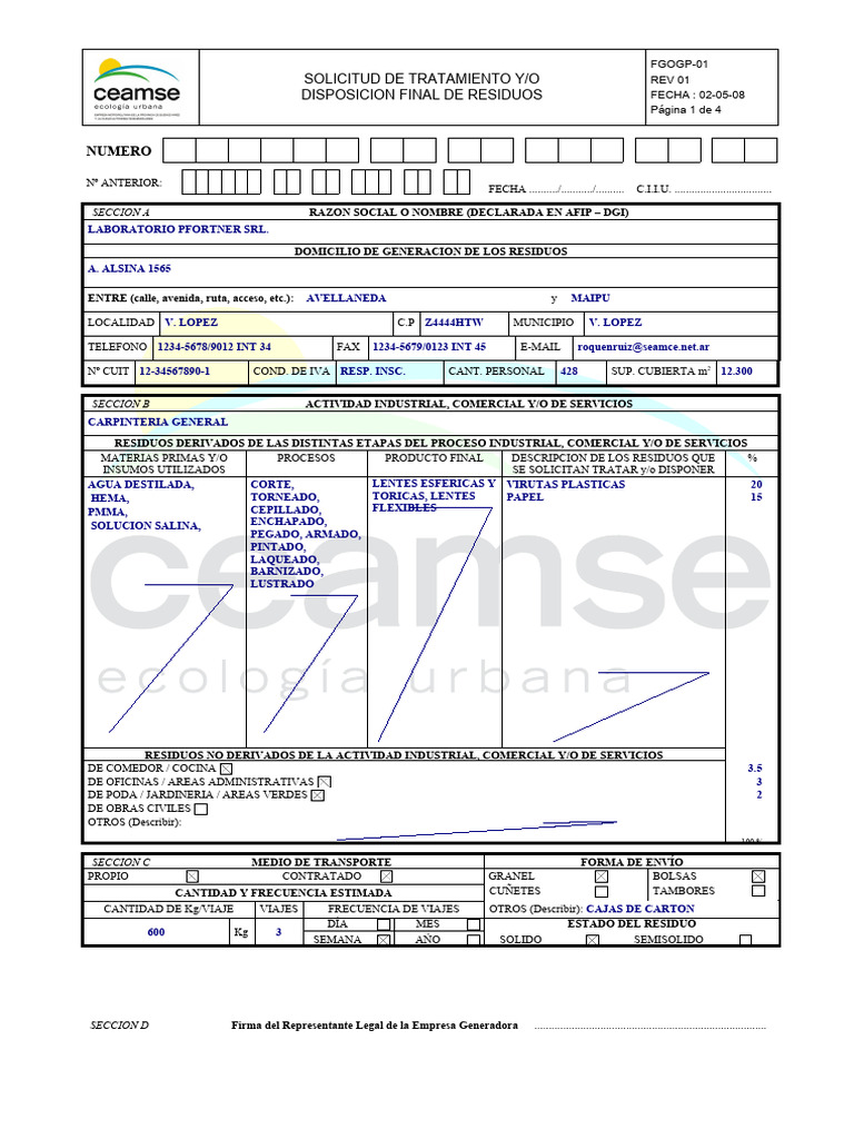 4 FGOGP 01 Solicitud de Tratamiento y Disposicion Final Ejemplo | PDF | Residuos | Gestión de ...