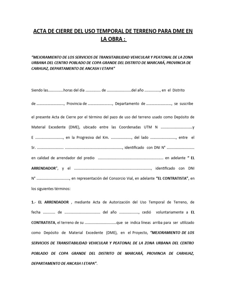 Acta de Cierre Del Uso Temporal de Terreno para Dme | PDF