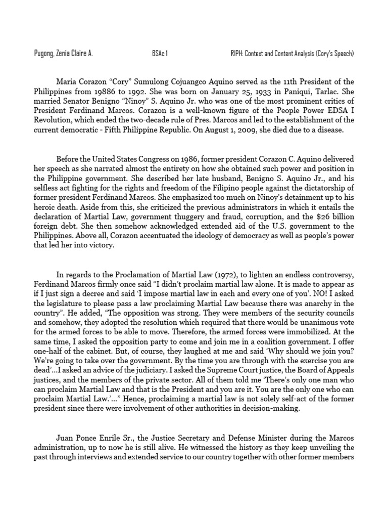ACTIVITY OUPUT (Cory's Speech) | PDF | Corazon Aquino | Government