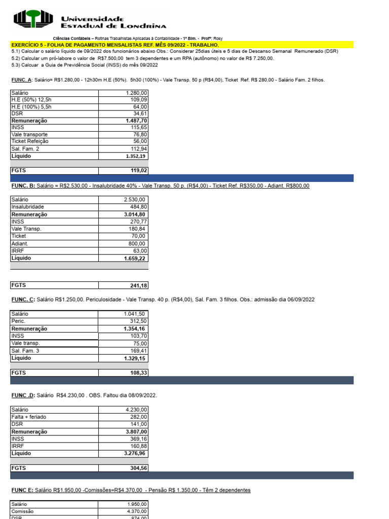 Cópia de Kemilly Estefany Da Silva - Folha Mensalista Com Adicionais Ex 05 Trabalho - Exerc. 5 ...