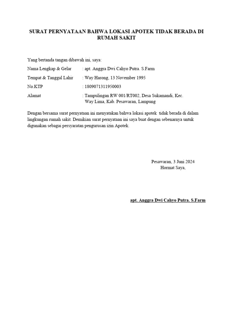 Surat Pernyataan Bahwa Lokasi Apotek Tidak Berada Di Rumah Sakit | PDF