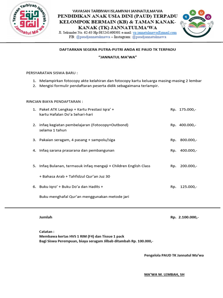 FORMULIR TK KB JANNATUL MAWA New | PDF