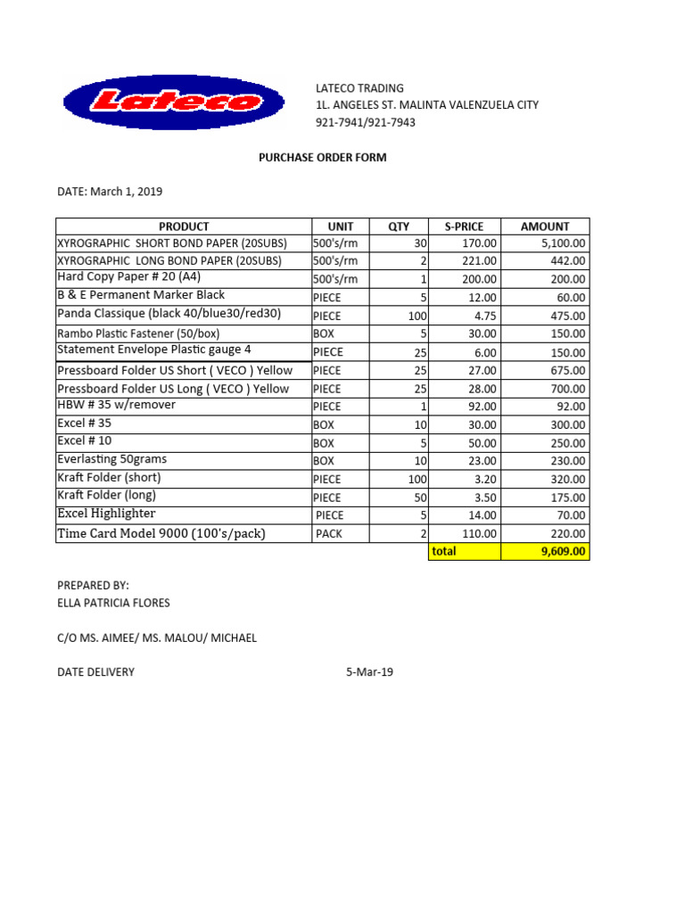 JJ Summit P.O Lateco - 1 | PDF | Stationery | Office Equipment