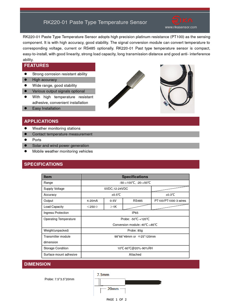 RK220-01 Paste Type Temperature Sensor: Features | Download Free PDF | Sensor | Electrical ...