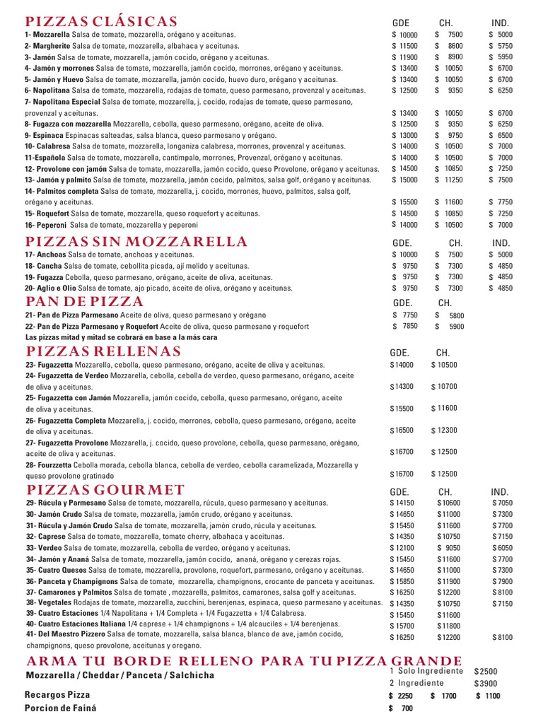 Menú de Pizzas Clásicas y Gourmet | PDF | Pizza | Aceituna
