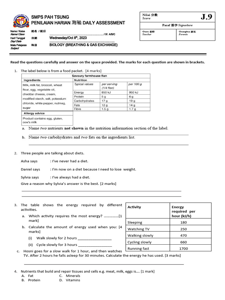 Food and Nutrition Unit Test | PDF | Foods | Diet (Nutrition)