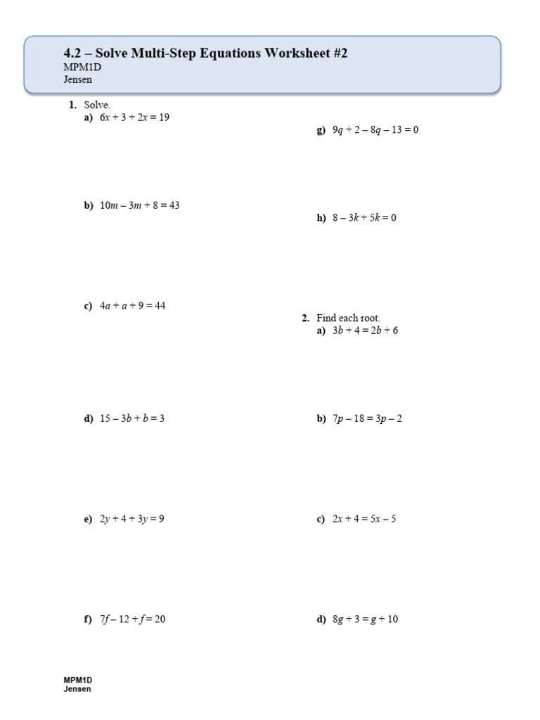 4.2 - Solve Multi-Step Equations Worksheet #2: Mpm1D Jensen | PDF