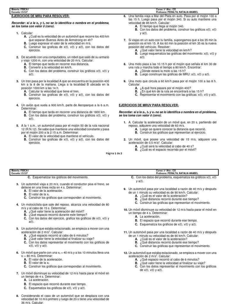 Ejercicios de MRU y MRUV en Física I | PDF | Velocidad | Aceleración