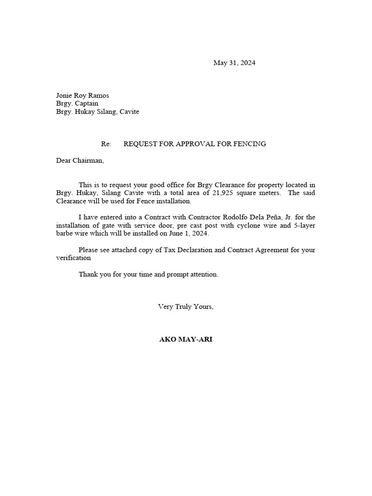 Letter To Brgy Fencing Permit Cavite | PDF