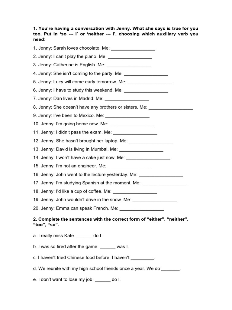 Exercícios So, Neither, Too, Either | PDF | Games & Activities ...