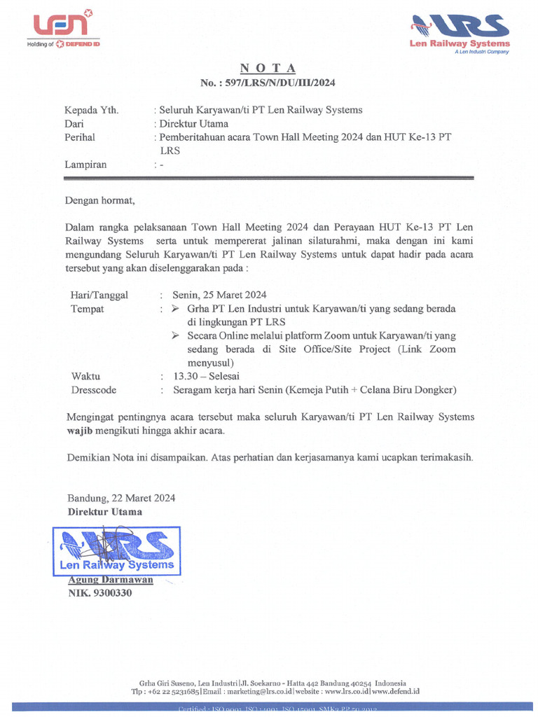 Nota Pemberitahuan Undangan Town Hall Meeting Dan HUT Ke-13 LRS | PDF