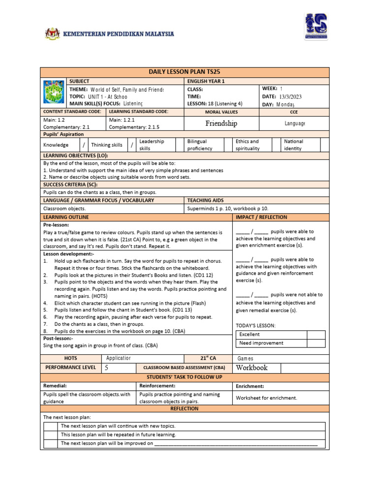 10.3 BI Y1 LP TS25 - Unit 1 (LP 18-47) | PDF | Lesson Plan | Learning