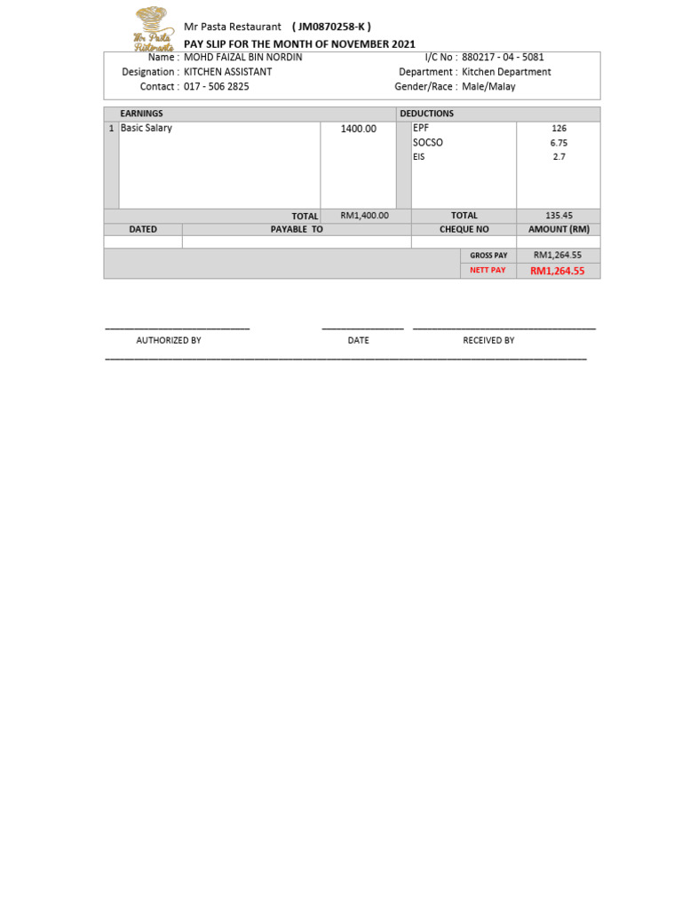 Employees Pay Slip (Faizal) Nov & Dec 2021 | PDF