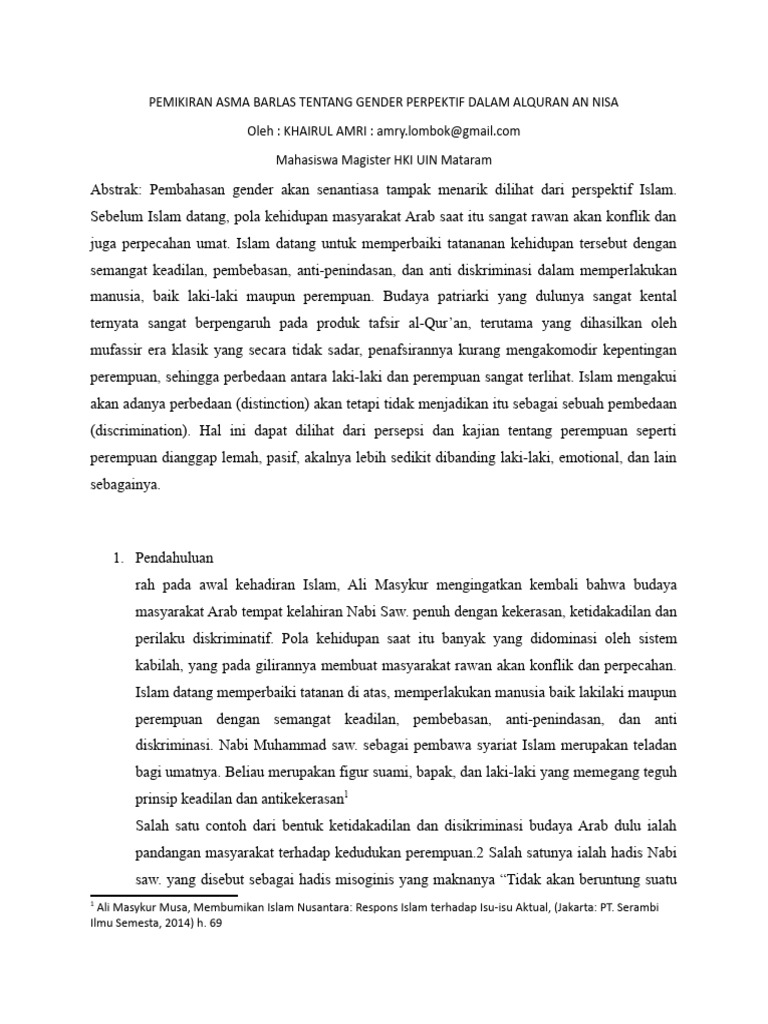 Pemikiran Asma Barlas Tentang Gender Perpektif Dalam Alquran An Nisa | PDF | Ilmu Sosial