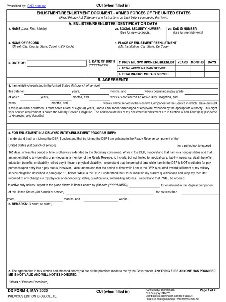 DD 0004 | PDF | Social Security Number | Oath Of Office