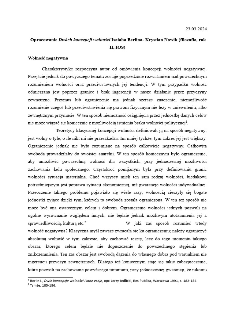 Dwie Koncepcje Wolności | PDF