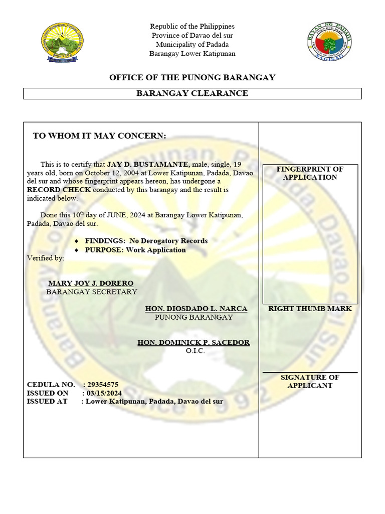 Barangay Clearance | PDF | Philippines