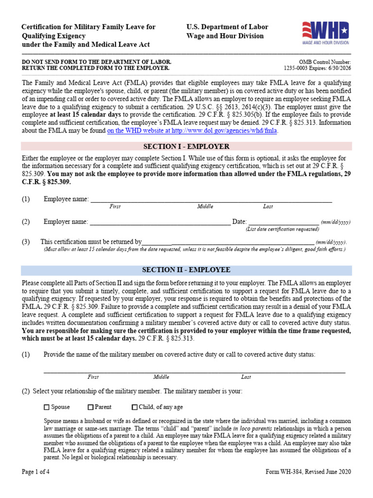 WH 384 | PDF | Family And Medical Leave Act Of 1993 | Employment