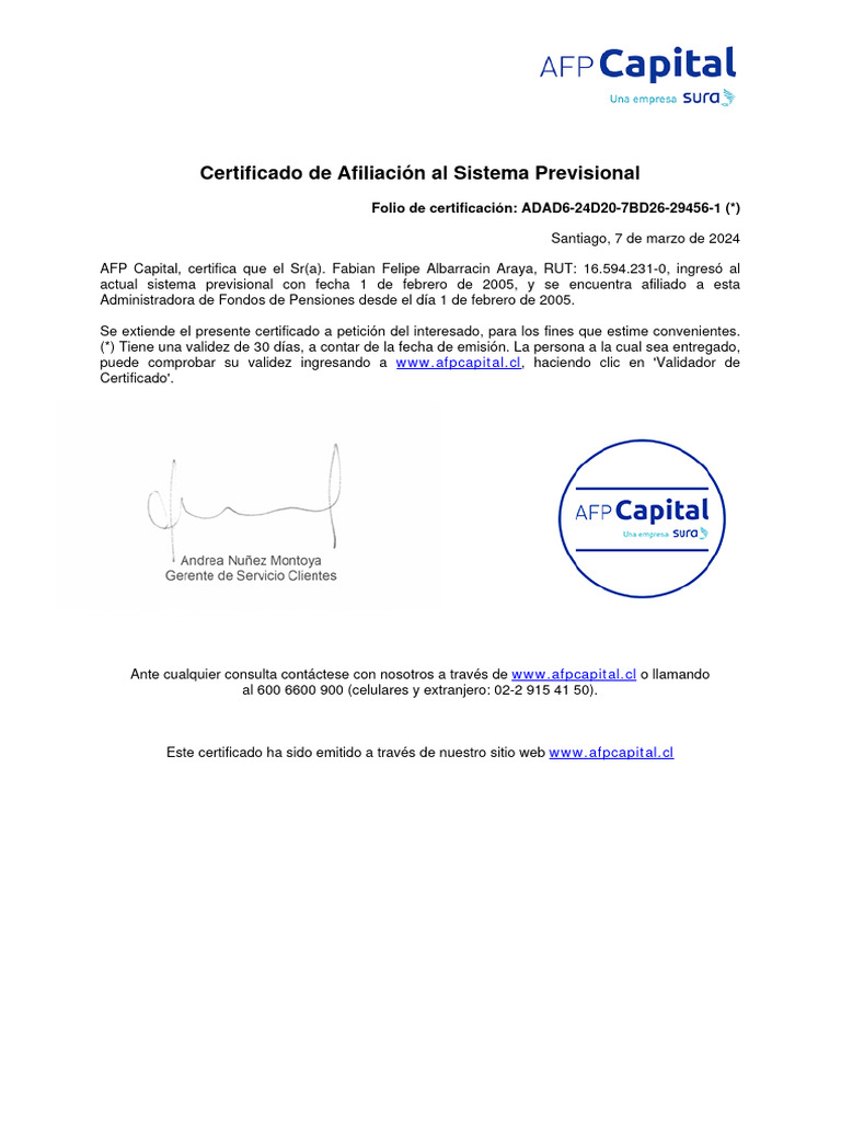 Certificado de Afiliación AFP Capital | PDF | Negocios
