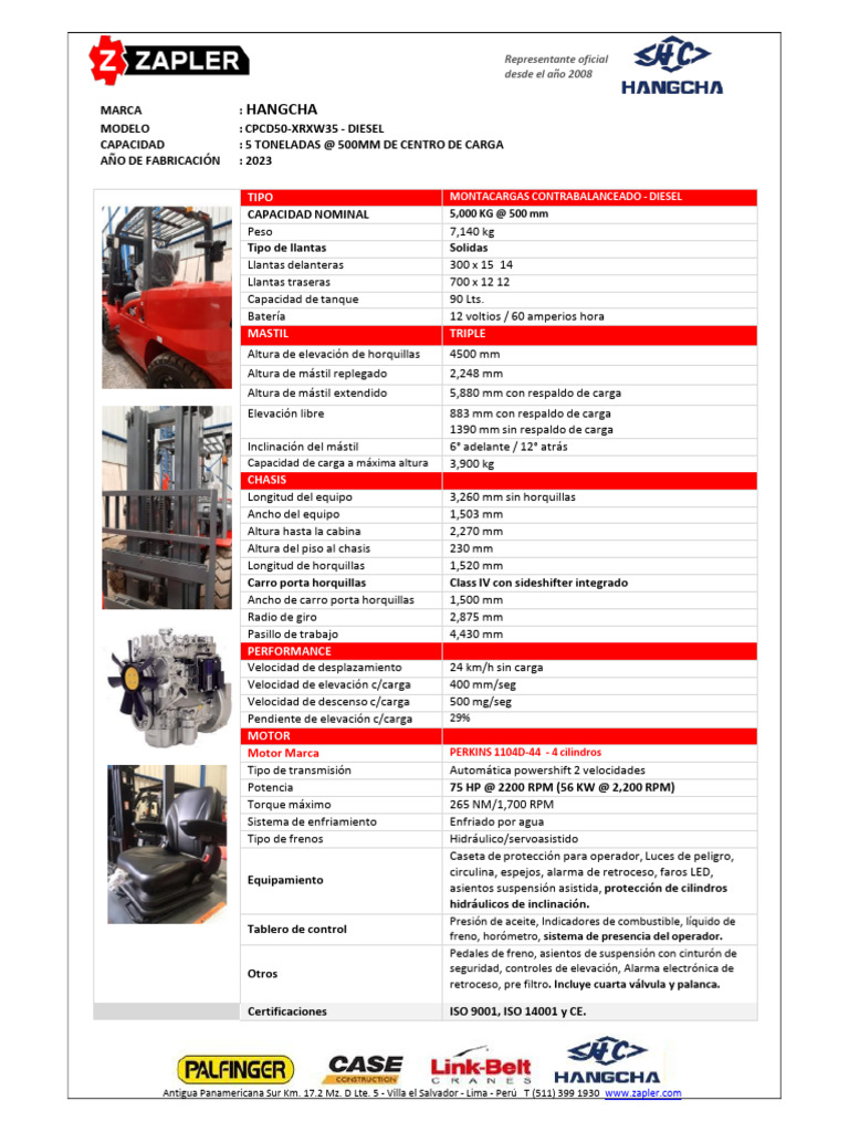 Ficha Tecnica - Montacargas Hangcha, Motor Diesel, 5TN, 4.5M ...