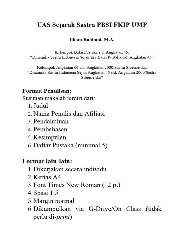UAS Sejarah Sastra PBSI FKIP UMP | PDF