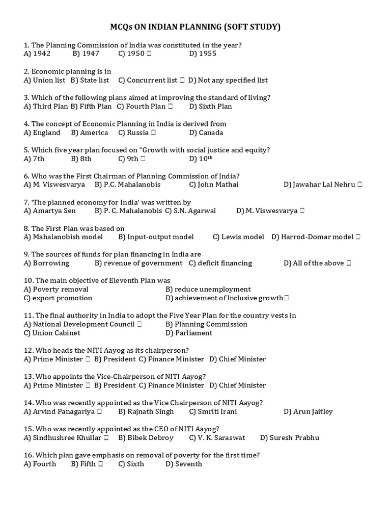 Mcqs On Indian Planning | Download Free PDF | Economies | Government