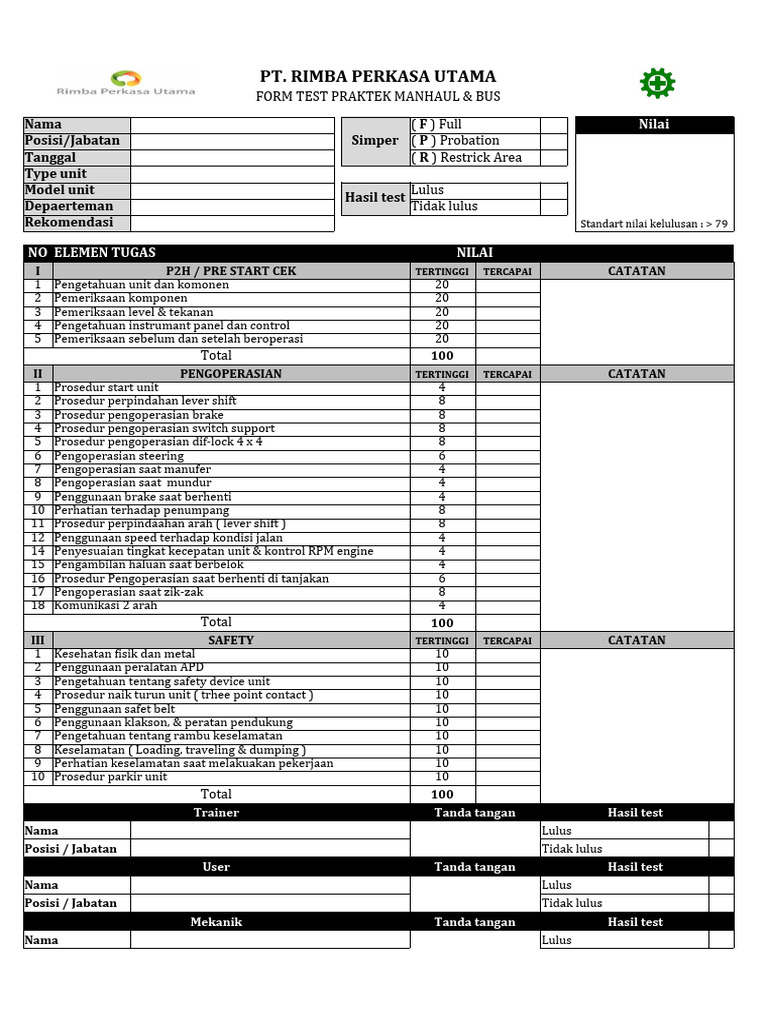 Form Test Praktek MANHAUL, BUS 2024 | PDF