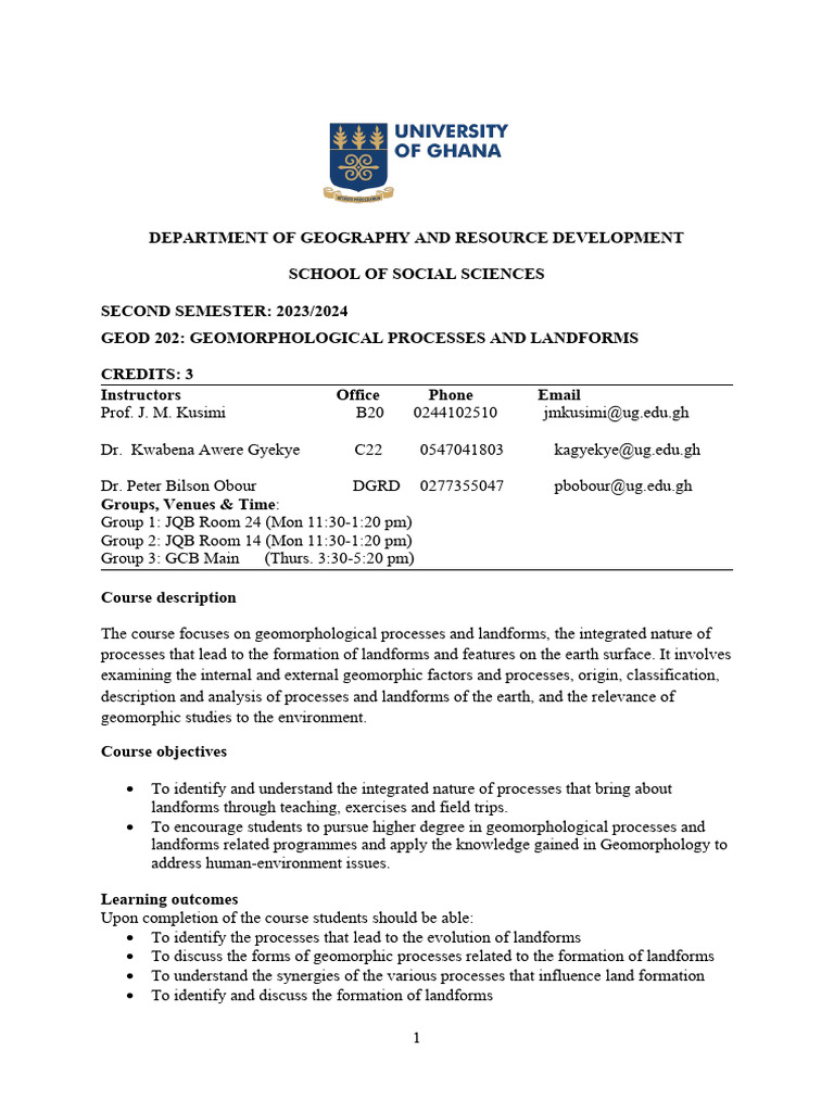 GEOD202 Course Outline - 2023-2024 | PDF | Geomorphology | Erosion