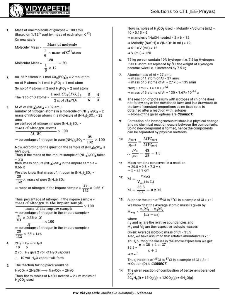 CT1 - JEE - Prayas - 11-Jun-2024 - Solution | PDF | Mole (Unit) | Physical Chemistry