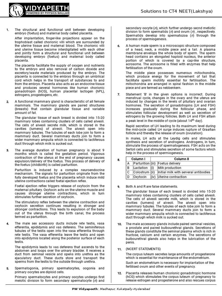 CT4 - NEET - Lakshya - 11-Jun-2024 - Solution | PDF | Menstrual Cycle | Dna