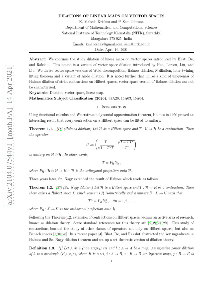 Dilation of Linear Maps in Vector Spaces | PDF | Vector Space | Hilbert ...
