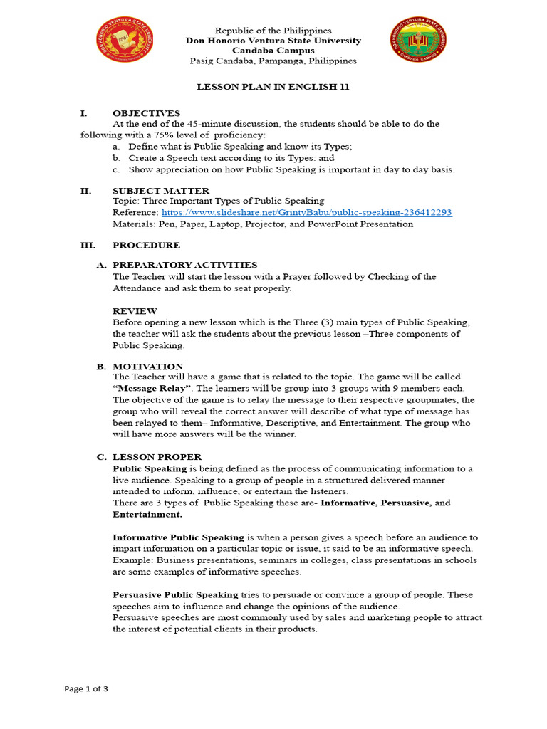 Public Speaking Lesson Plan | PDF | Public Speaking | Human Communication