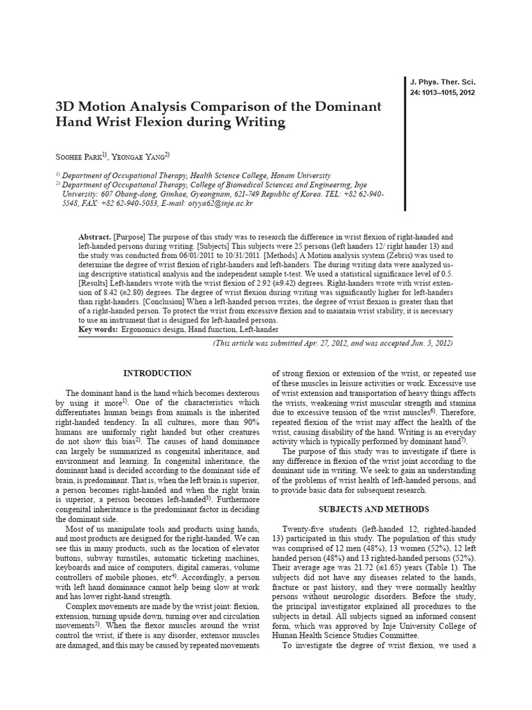 3D Motion Analysis Comparison of The Dominant Hand Wrist Flexion During ...