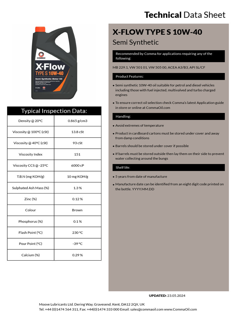 Technical Data Sheet x Flow Type s 10w 40 | PDF | Motor Oil | Oils