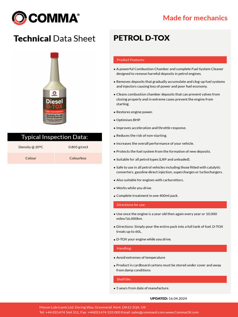 Technical Data Sheet Petrol D Tox | PDF | Gasoline | Fuel Injection