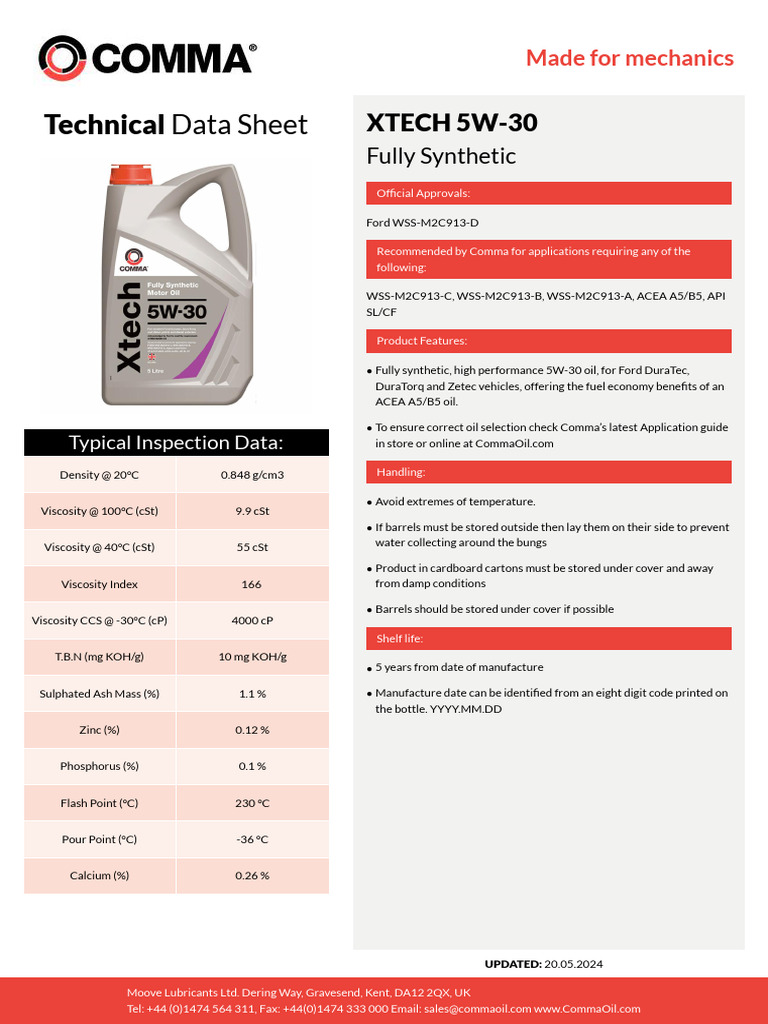 Technical Data Sheet Xtech 5w 30 | PDF | Motor Oil | Oils