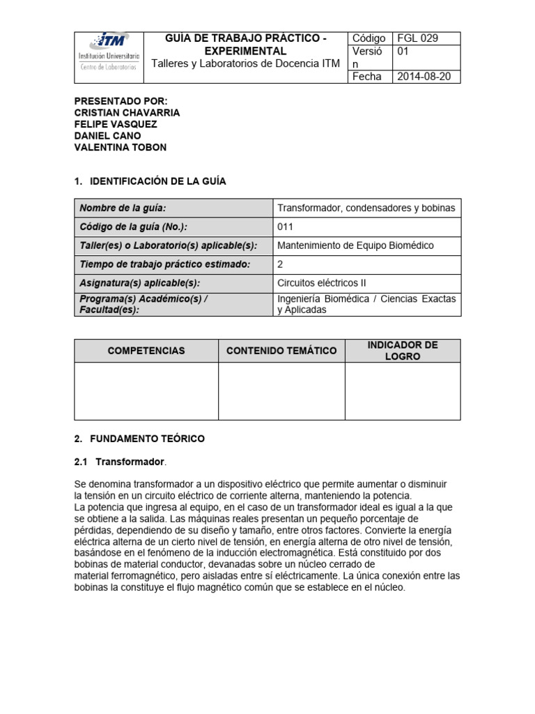 Guia 1 Transformador Condensadores y Bobinas SLN | PDF | Inductor | Transformador