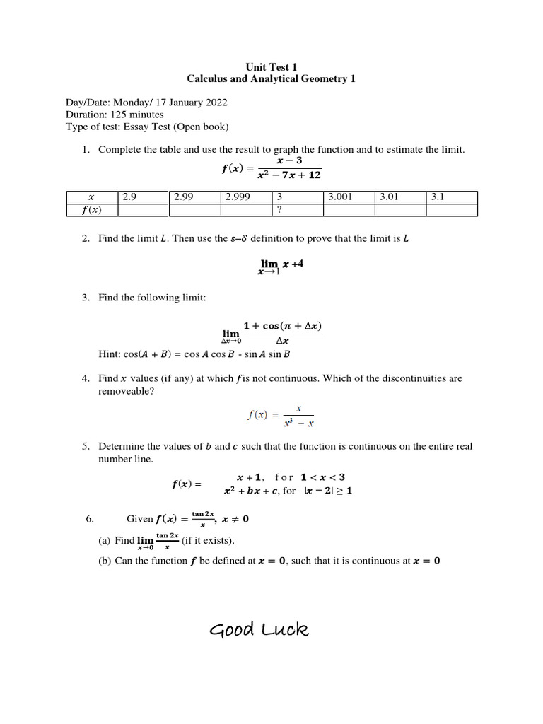 Solution Unit Test 1 Calculus 1 | PDF | Function (Mathematics ...