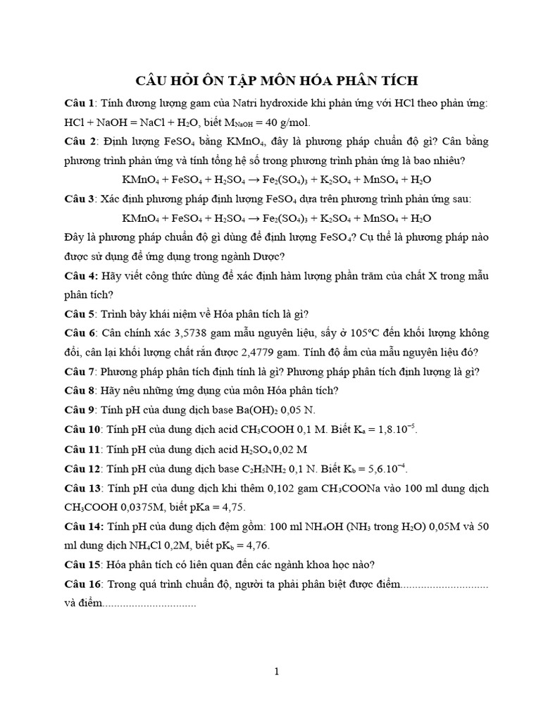 Câu Hỏi Ôn Tập Môn Hóa Phân Tích (K14) | PDF