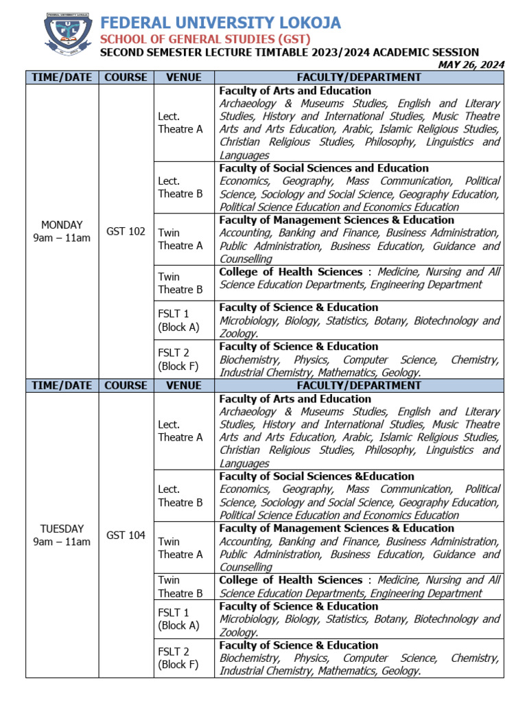 GST Lecture Schedule Second Semester 2023 - 2024 | PDF | Science ...