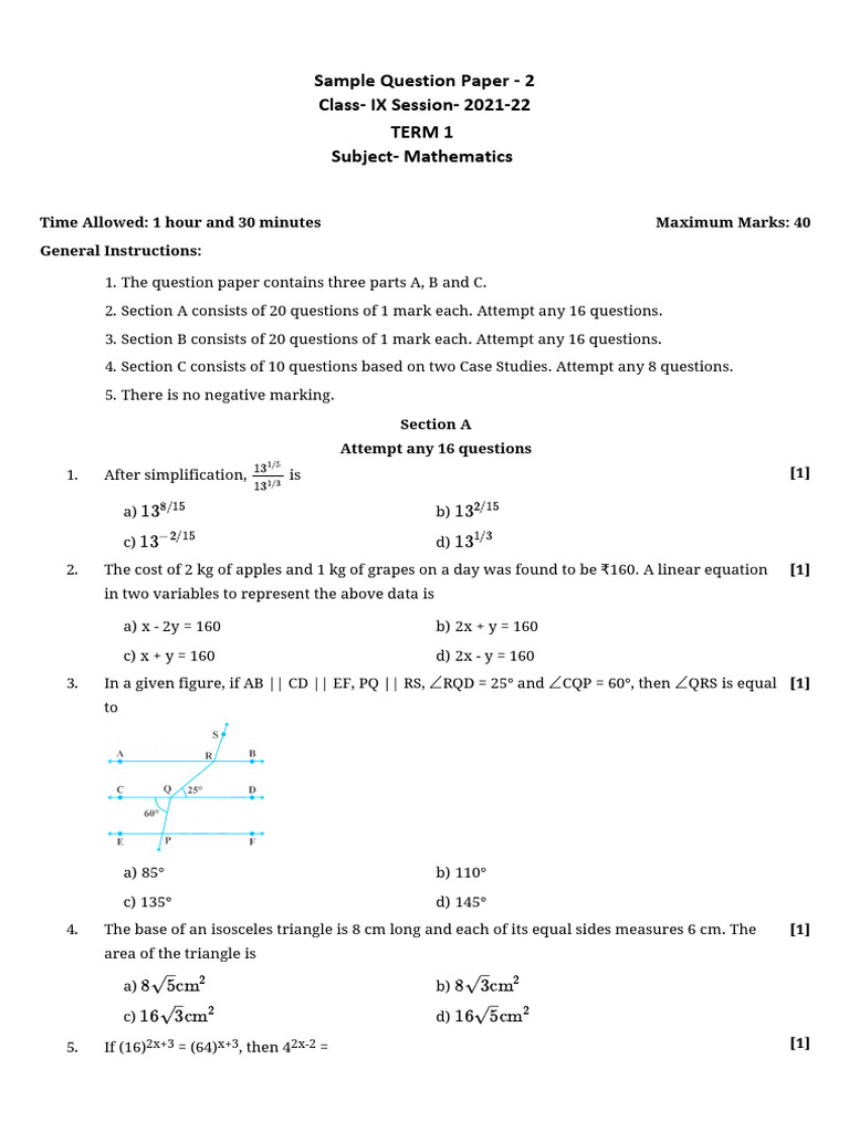 Sample Question Paper - 22 | PDF | Angle | Elementary Geometry