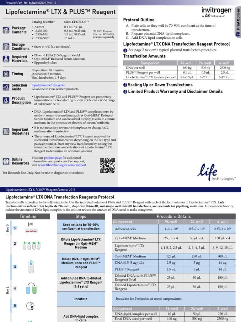 Lipofectamine LTX and Plus Protocol v2.0 | PDF | Transfection | Cell ...