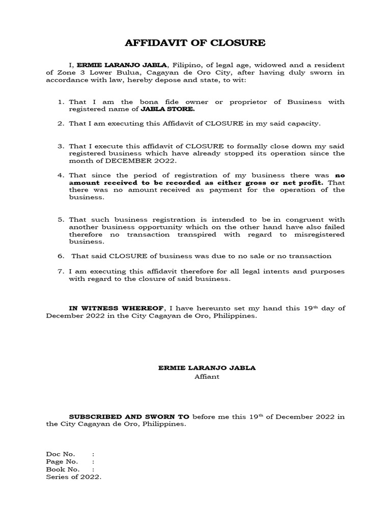 Affidavit of Closure | PDF
