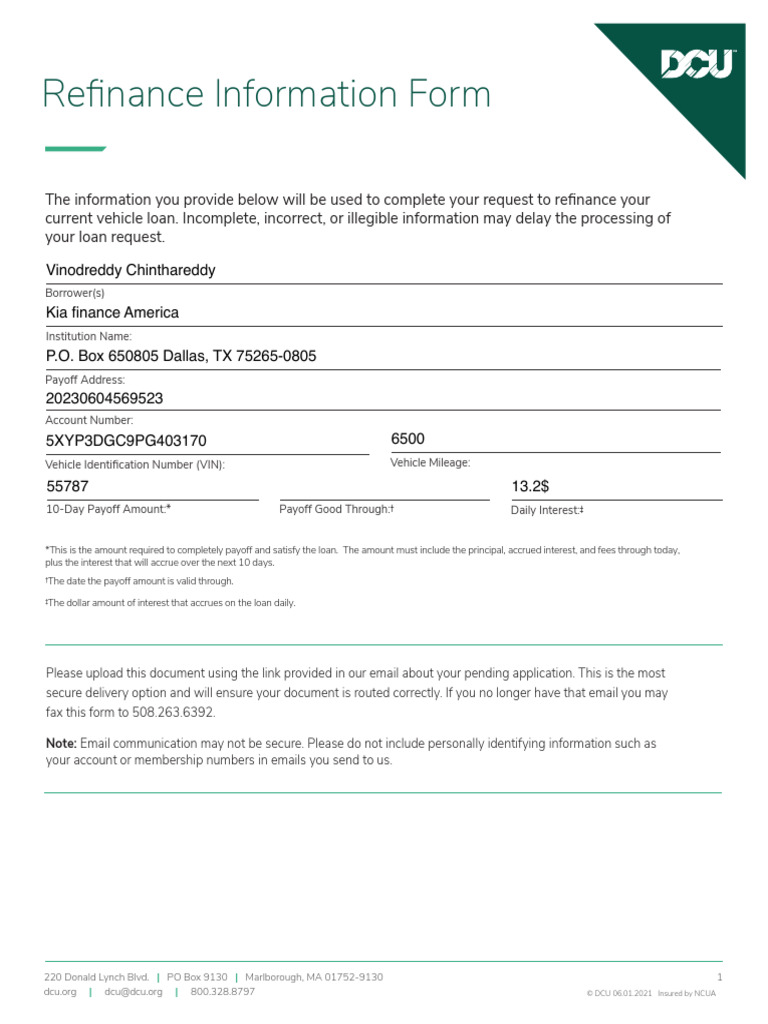 Refinance Information Form For Autos | PDF
