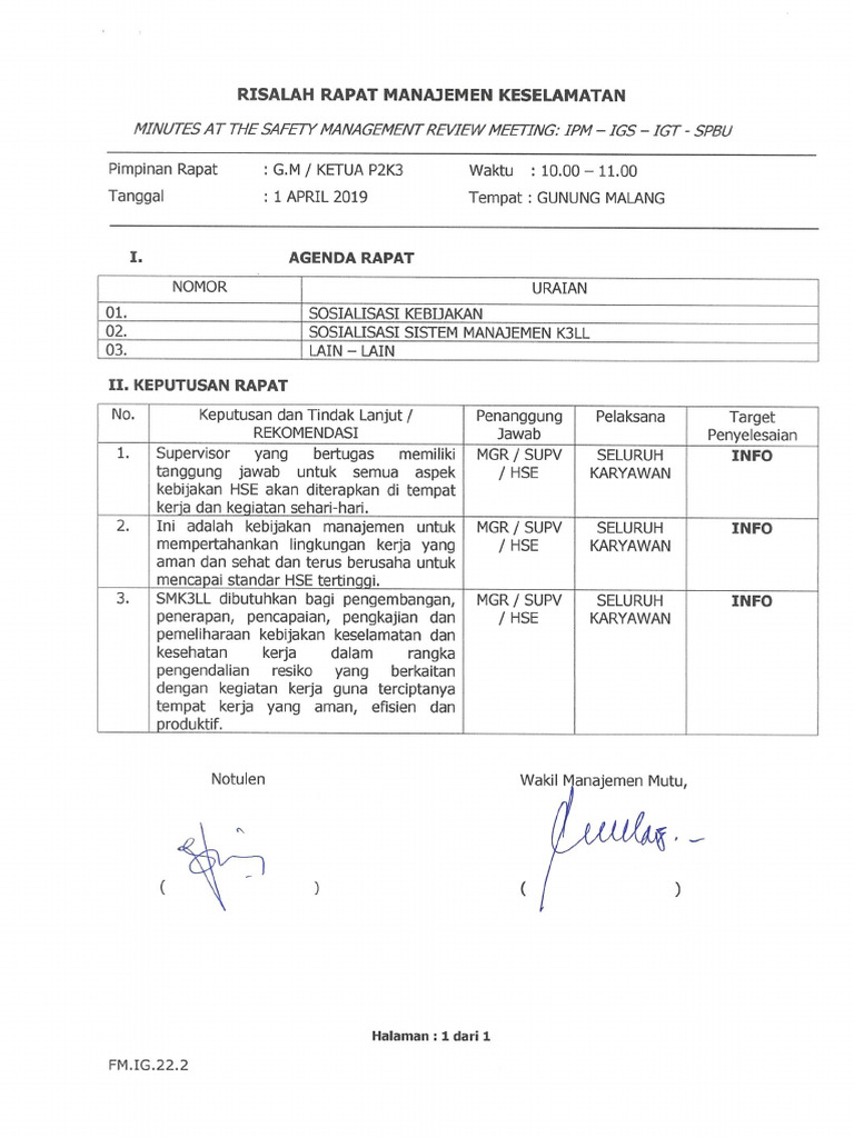 2.2.b - 1.1. SOSIALISASI KEBIJAKAN DAN SISTEM MANAJEMEN K3LL 2019 | PDF