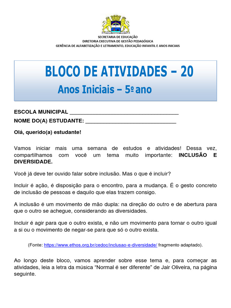 Bloco de Atividades 20 - 5º Ano. Diversidade e Inclusão 1 | Download grátis PDF | Acessibilidade