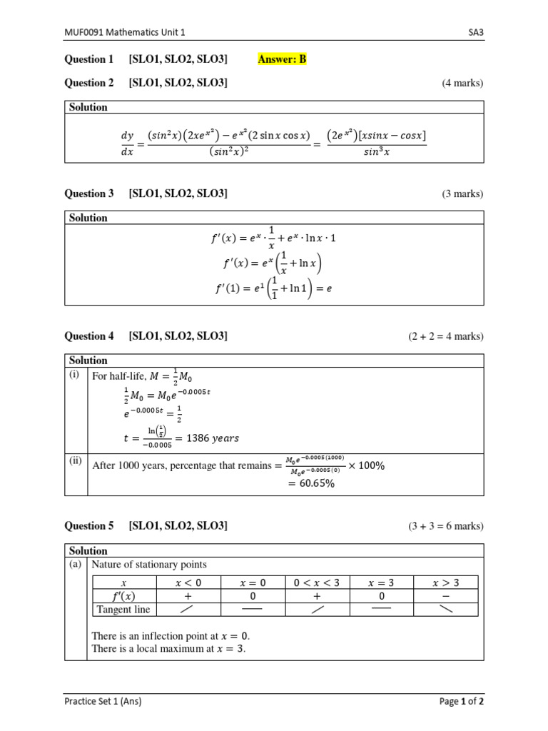 Practice Set 1 Answers | PDF | Calculus | Geometry